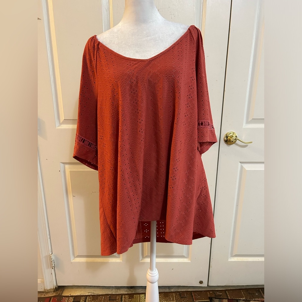 Misia Curvy Terracotta Eyelet Lace Peasant Top, 1x - Gem